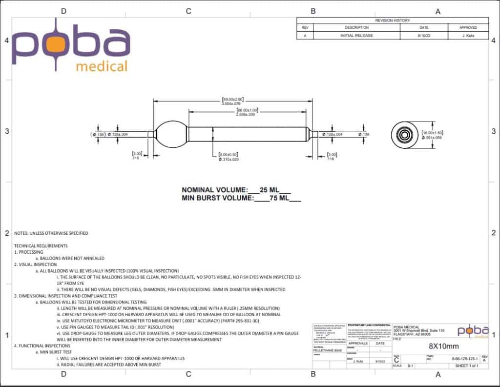 Compliant, Polyurethane, Medical Balloon, 8.0 mm (0.31") x 66.0 mm (2.6 ...