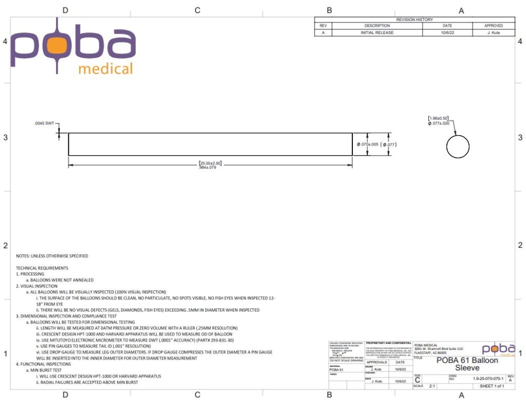Compliant, Polyurethane Poba 61, Medical Balloon, 1.9 mm (0.07") x 25.0 ...