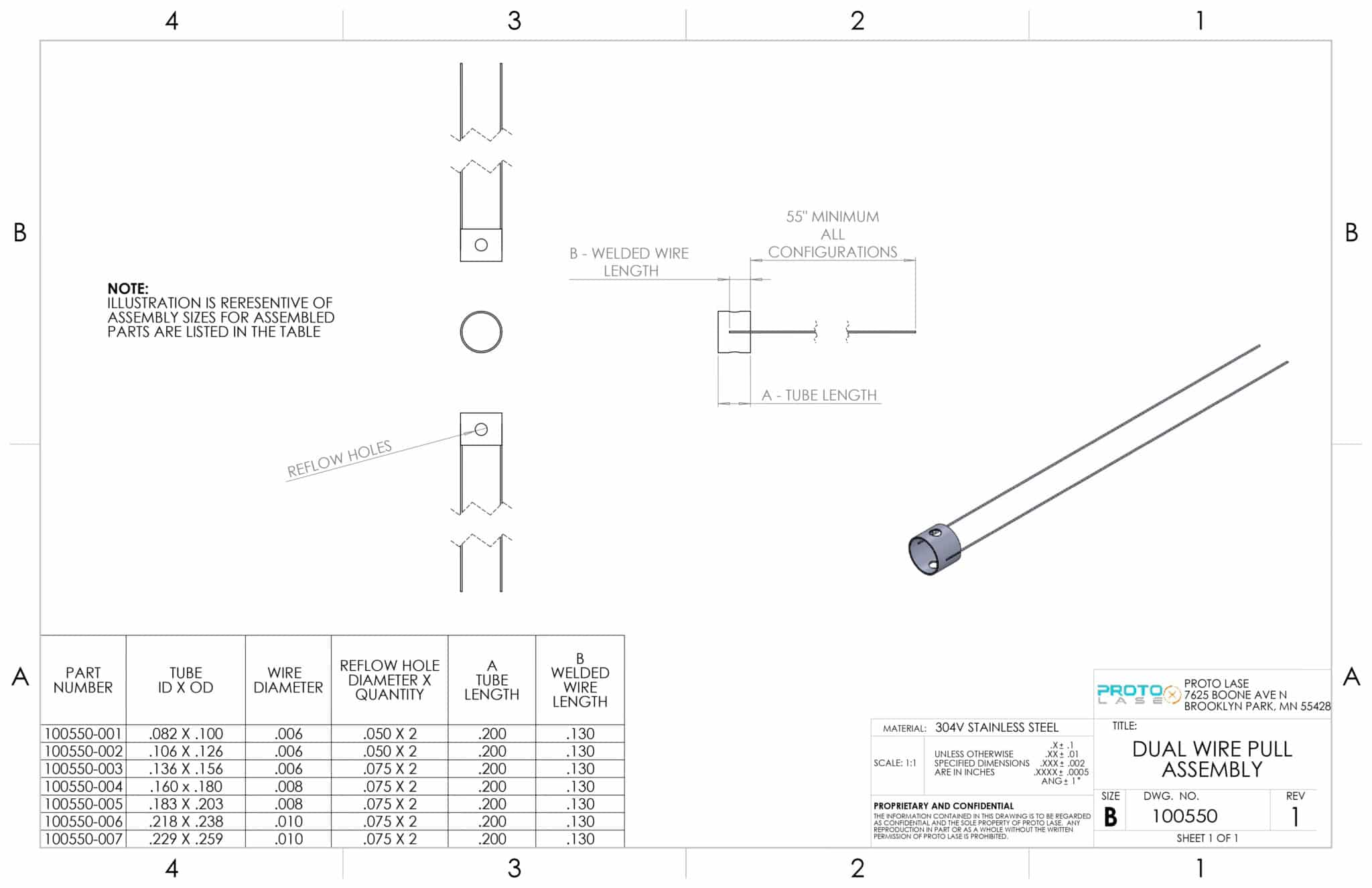 Pull-Wire Assembly, 304 SS, 2 wire, 0.100" Ring OD, 55" Length ...