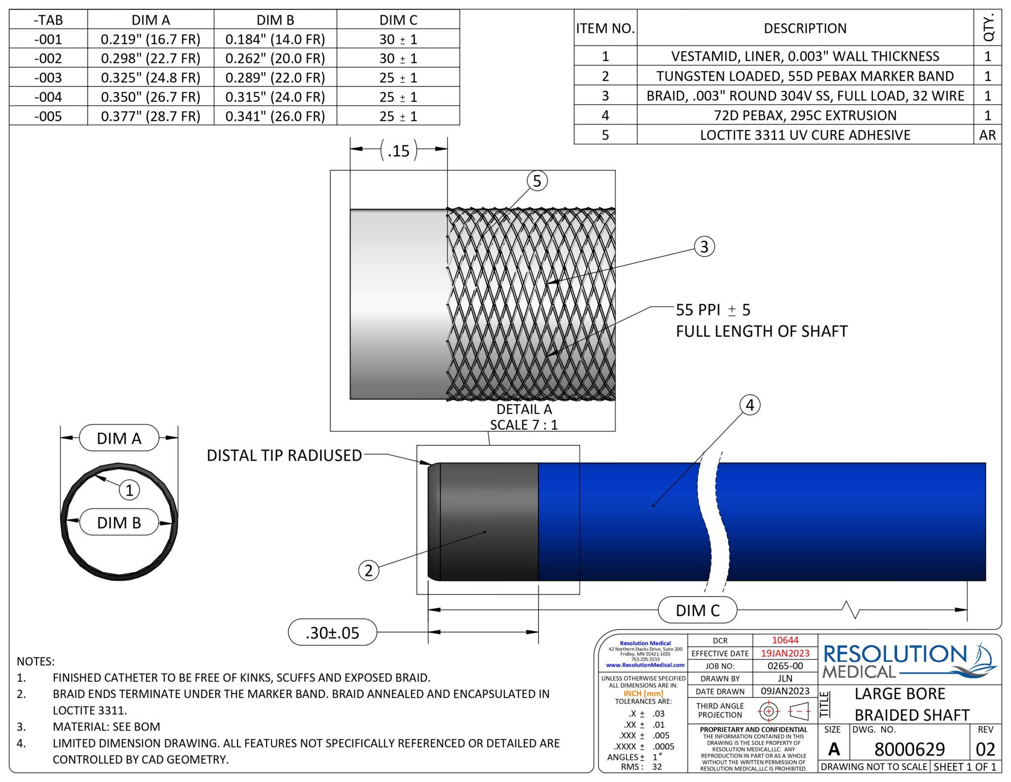Pebax Tubing, Braided Shaft, Vestamid Lined, 55 PPI, 26.7 F, 0.315" ID, 0.350" OD, 25" Length ...