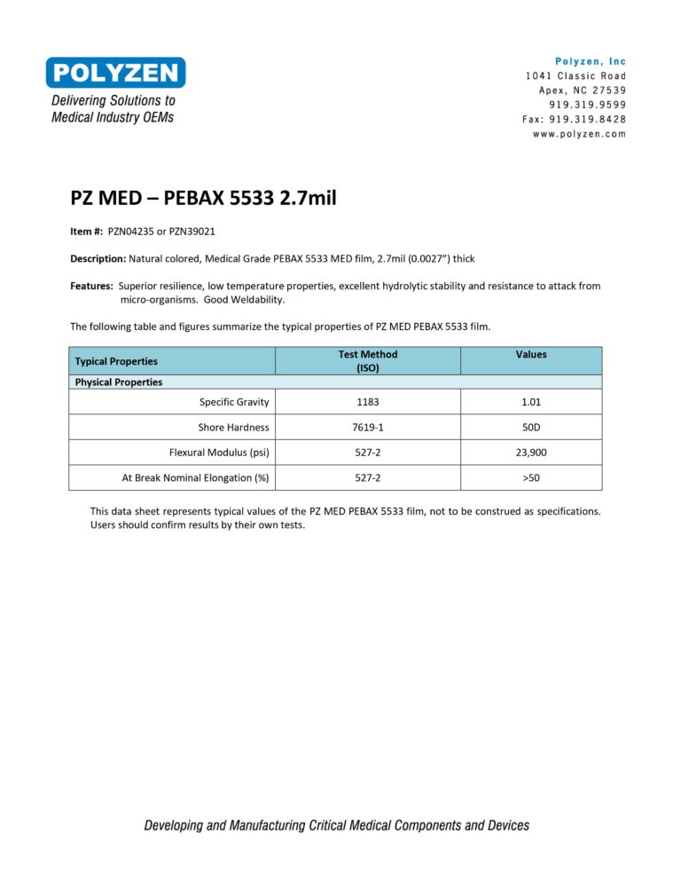 Thin Films, Pebax 5533, 0.0027" thick, 12.5" width, Quantity 50' Roll