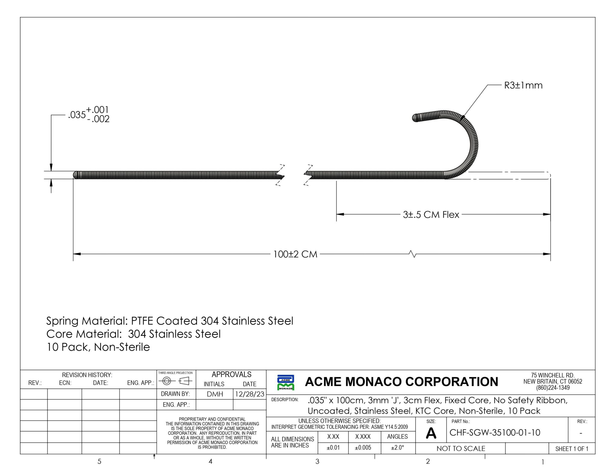 Guidewire, .035" x 100cm, 3mm 'J', 3cm Flex, Fixed Core, No Safety ...