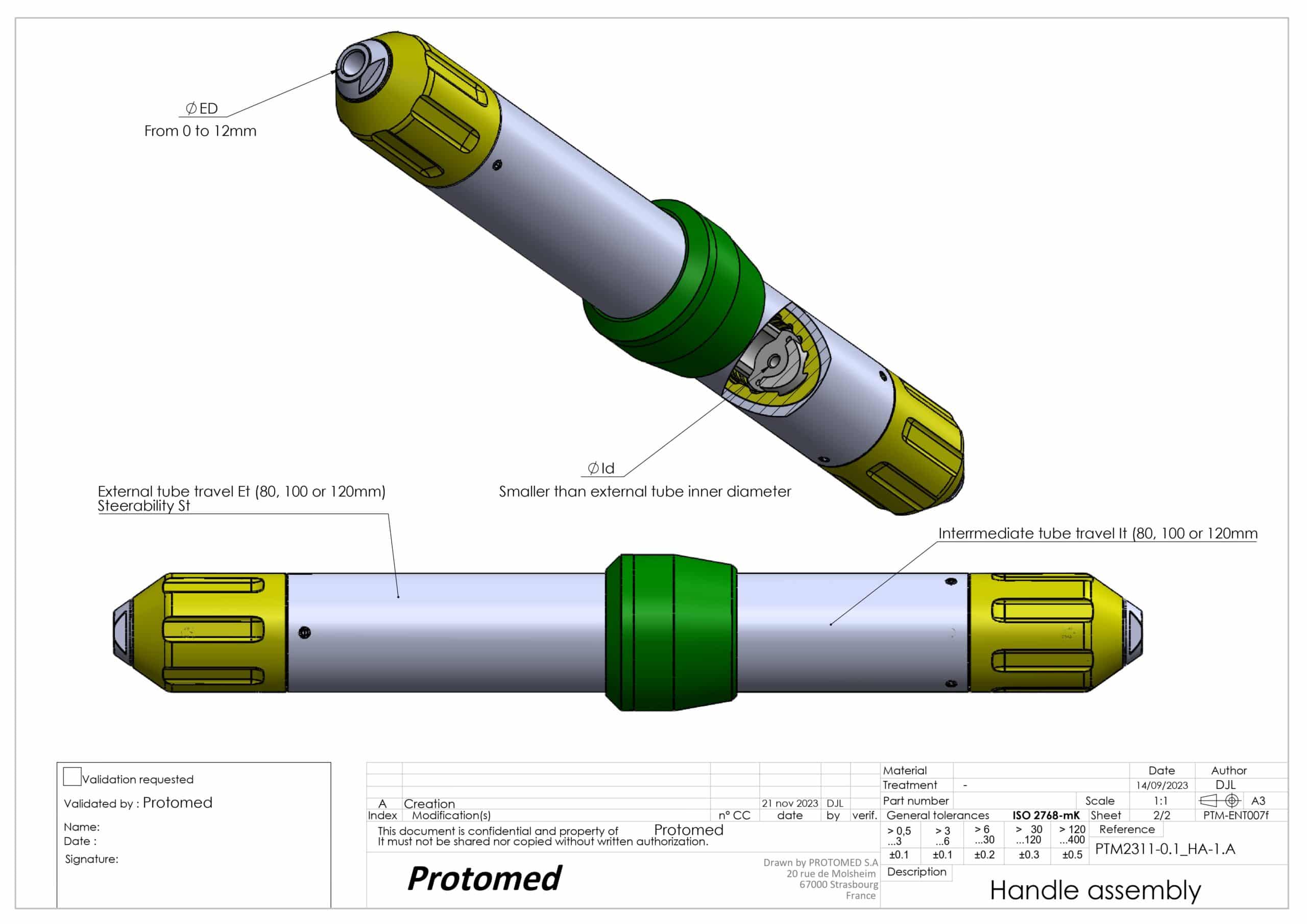 Handle with Ext steerable tube - Int Stroke 12 cm - Ext Tube OD 20 Fr ...
