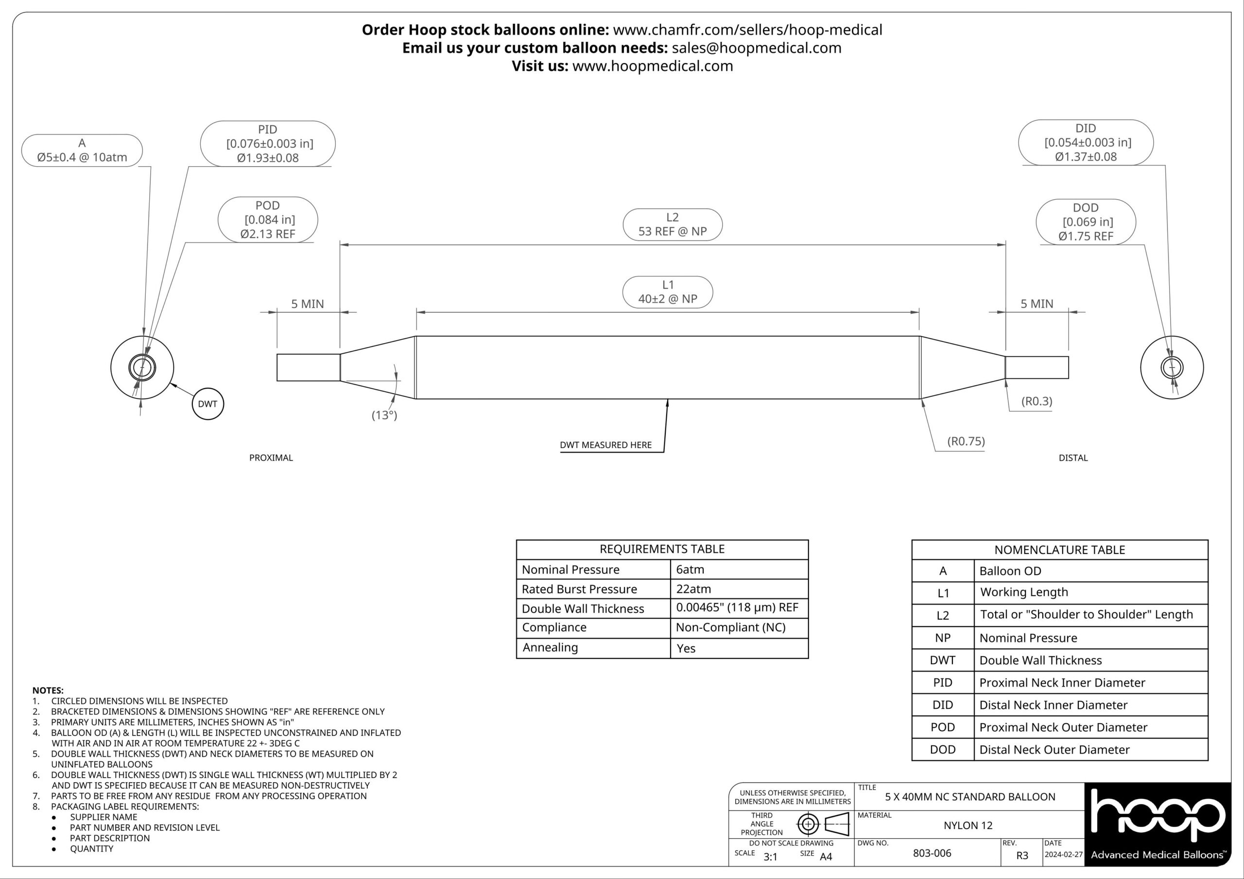 Balloon, Nylon 12, 5 x 40 mm, Quantity 3/bag