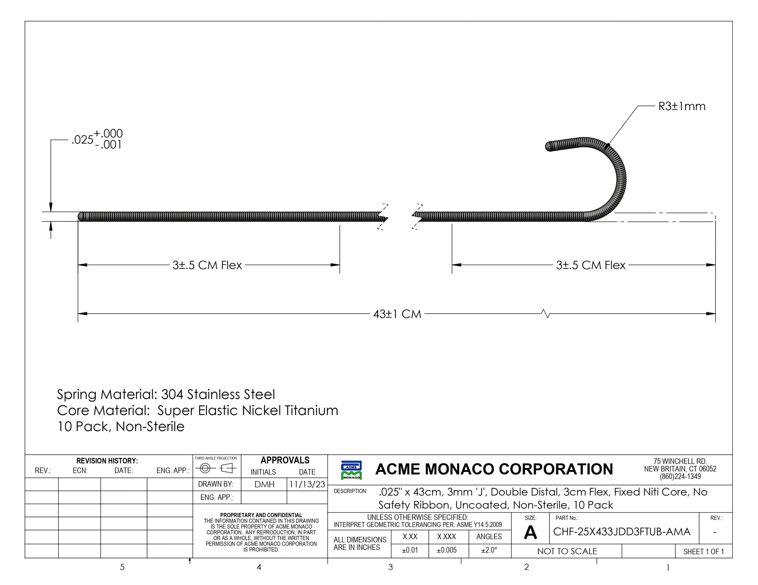 Guidewire, .025" x 43cm, 3mm 'J', Double Distal, 3cm Flex, Fixed Niti ...