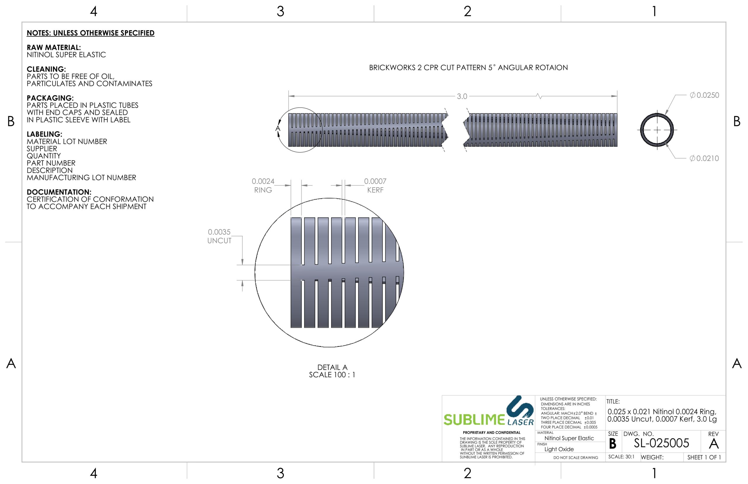 Nitinol Laser Cut Hypotube, 0.025″ OD, 0.02″ ID, 2.00″ Length, 0.0024 ...