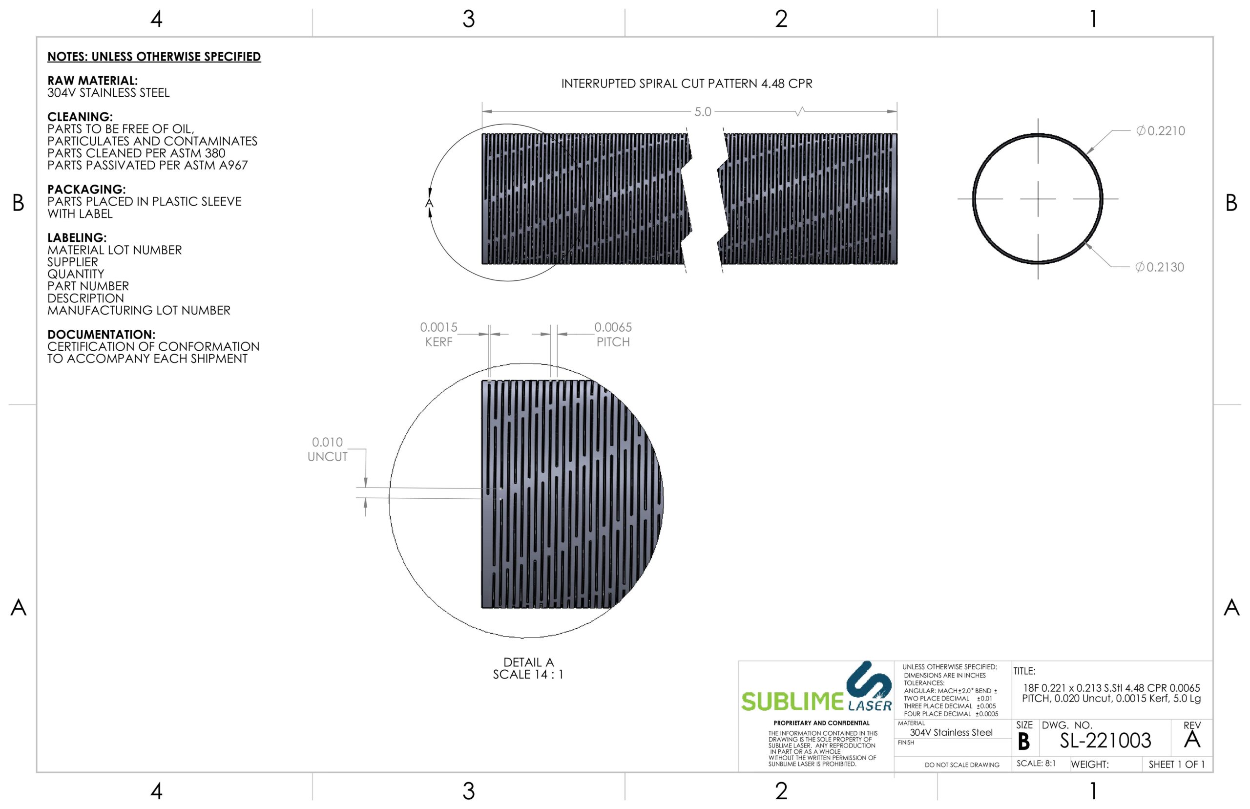 304 Stainless Steel Laser Cut Hypotube, 0.221″ OD, 0.213″ ID, 5.00 ...