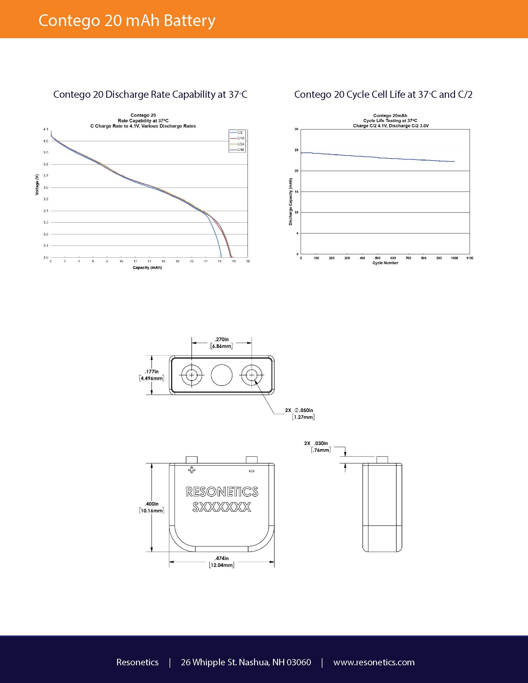 Contego C20, 20 mAh Implantable Lithium-Ion Battery, Rechargeable