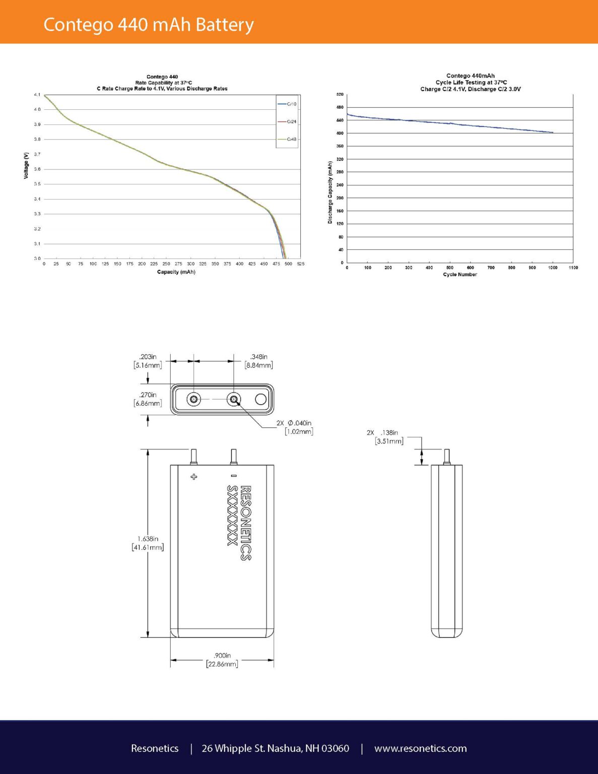 Contego C440, 440 mAh Implantable Lithium-Ion Battery, Rechargeable