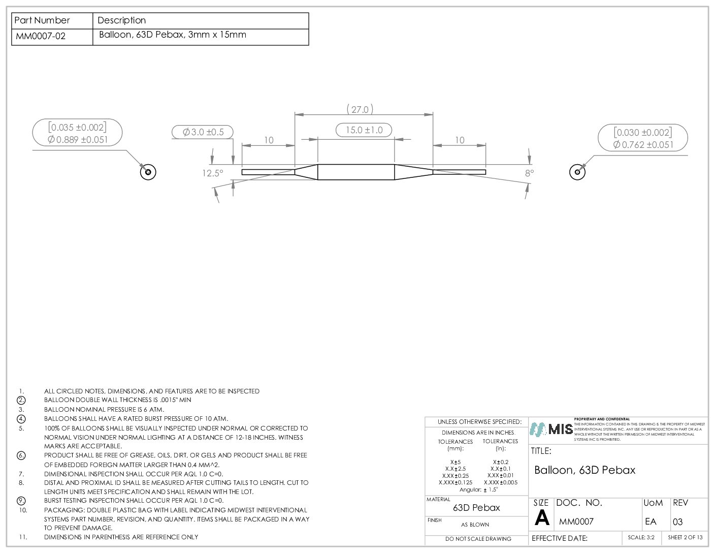 Semi-Compliant, 63D Pebax, Medical Balloon, 3mm (0.12") x 15mm (0.59 ...