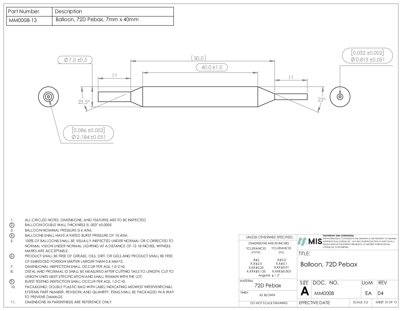 Semi-Compliant, 72D Pebax, Medical Balloon, 7mm (0.28") x 40mm (1.57 ...